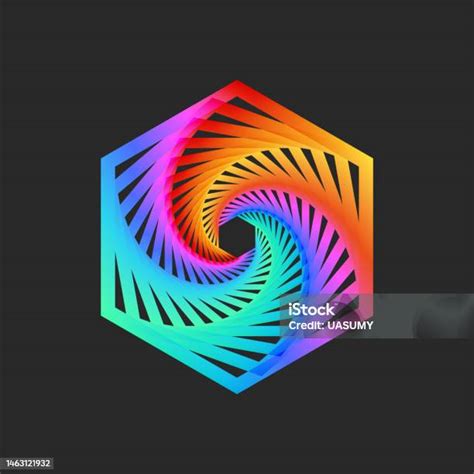 육각형 로고는 트위스트 사이버펑크 스타일의 포털 프랙탈 기하학적 모양 최면 무지개 그라데이션이 있는 밝은 나선형 원근법 패턴입니다 강렬하고 밝은 색상에 대한 스톡 벡터 아트