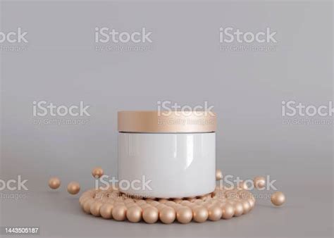 흰색과 공백 상표가 없는 화장품 크림 항아리가 진주가 있는 연단에 서 있습니다 회색 배경에 스킨 케어 제품 프레젠테이션 고급 모형 아름다움과 스파 복사 공간이있는 항아리