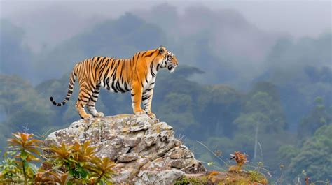 A Bengal Tiger Standing On A Rocky Outcrop In A Foggy Forest Premium