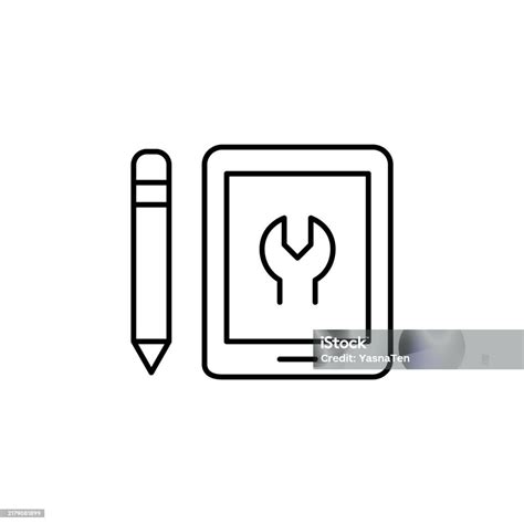 화면과 연필에 렌치가 있는 태블릿 태블릿 유지 관리 시스템 조정 소프트웨어 업데이트 및 수리 완벽한 픽셀 편집 가능한 획 아이콘 0명에 대한 스톡 벡터 아트 및 기타 이미지