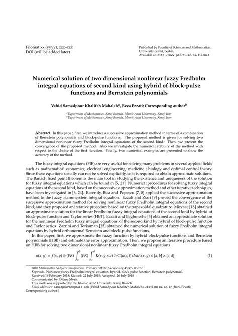 Pdf Numerical Solution Of Two Dimensional Nonlinear Fuzzy Fredholm Integral Equations Of