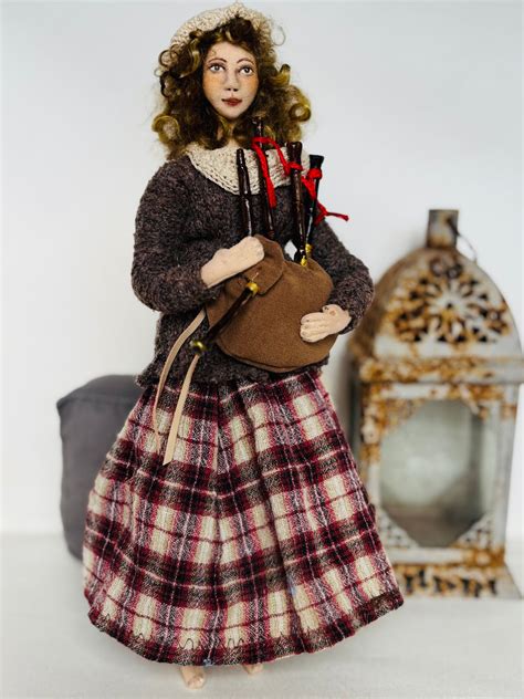 Art Doll Highland Piper Girl With Bagpipe Mixed Media One Of A Kind