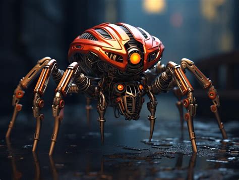 Premium Ai Image Photograph Of A Pearlescent Orange Red Spider Mecha Robot With Metallic Armor