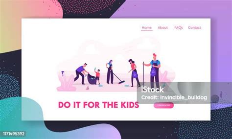 시티 파크 또는 비치 지역 웹 사이트 랜딩 페이지에서 쓰레기를 청소하는 자원 봉사자 남성 여성 아이들은 자루에 쓰레기를 수집 땅을 건드리는 생태 보호 웹 페이지 배너 만화