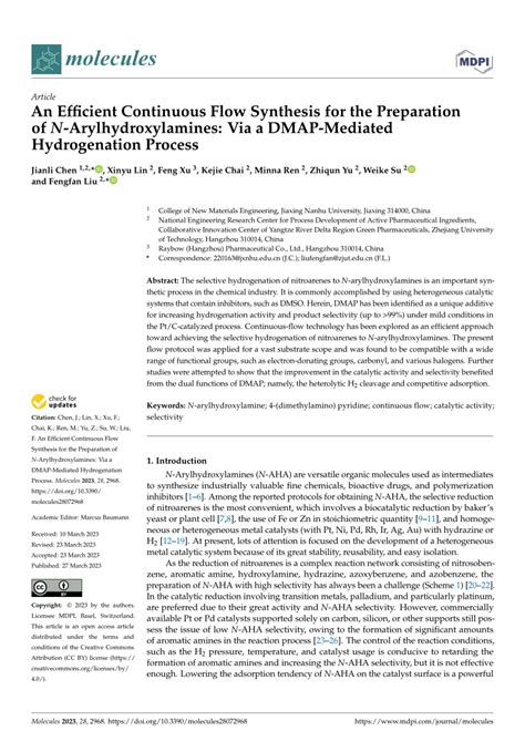 Pdf An Efficient Continuous Flow Synthesis For The Preparation Of N Arylhydroxylamines Via A