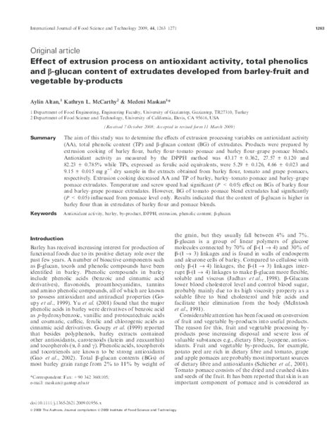 Pdf Effect Of Extrusion Process On Antioxidant Activity Total Phenolics And β Glucan Content