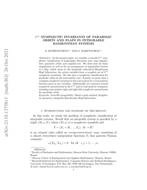 Pdf Cinfty Symplectic Invariants Of Parabolic Orbits And Flaps In Integrable Hamiltonian