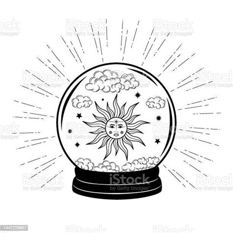 별 구름 태양이 있는 신비로운 수정 구슬을 손으로 그린 선화에 얼굴을 가지고 있습니다 마법 컬렉션 상징 부적 골동품 스타일 Boho 흰색 배경에 격리된 벡터 낙서 스케치