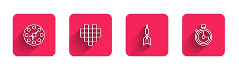 세트 라인 트위스터 게임 픽셀 하트 다트 화살표 및 긴 그림자가 있는 스톱워치 빨간색 사각형 버튼입니다 벡터 개념에 대한 스톡 벡터 아트 및 기타 이미지 Istock