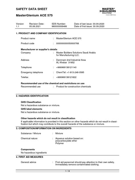 Masterglenium Ace 575 Safety Data Sheet Pdf Toxicity Dangerous Goods