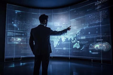 Premium AI Image Back View Of Businessman Touching Icon Of Media Screen With Graphs And