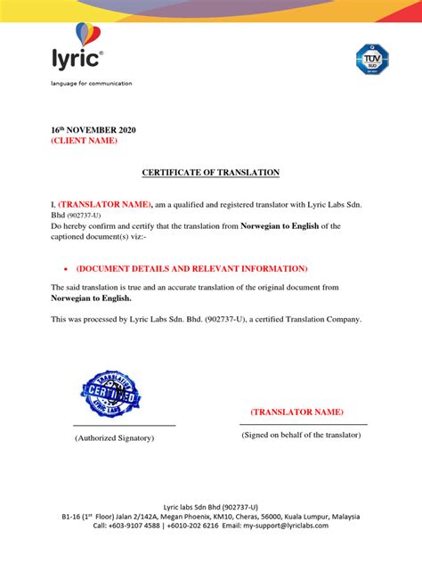 Sample Translation Certificate Pdf