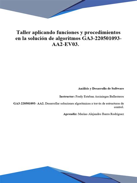 Taller Aplicando Funciones Y Procedimientos En La Solución De Algoritmos Pdf Algoritmos