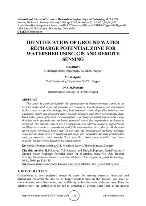 Pdf Identification Of Groundwater Recharge Potential Zones For A Watershed Using Remote