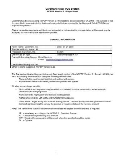 Ncpdp 51 Payer Sheet Caremark