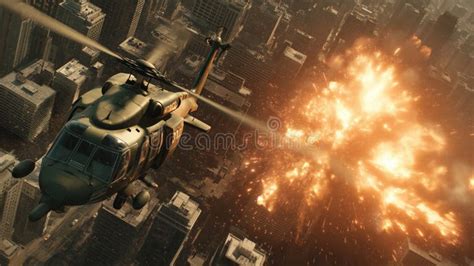 Helicopter Escaping From The Explosion In City With Fire And Debris