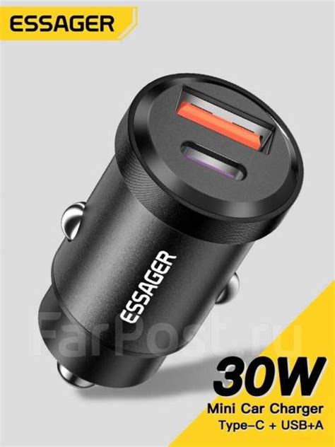 Зарядное устройство в прикуриватель Essager Type-C + USB-A, 30 Вт, 5 А ...