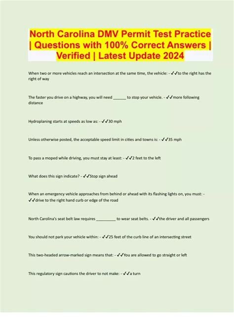 North Carolina Dmv Permit Test Practice Questions With 100 Correct Answers Verified