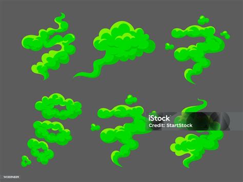 나쁜 냄새 방귀 세트 만화 스타일의 녹색 냄새 나는 독성 구름 만화 연기 수집 방귀 담배 호흡 썩은 음식 또는 쓰레기와 같은 냄새 나는 냄새의 삽화 검은 배경에 화학 독 흄