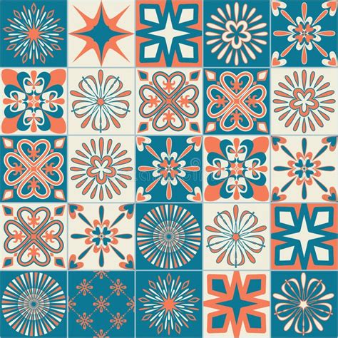Ceramic Tile With Square Patterns Orange Blue Color Trendy Patchwork Ceramic Tile Stock Vector
