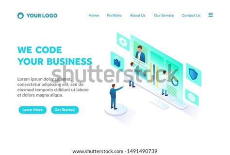 Programming Coding Isometric Landing Page Template Stock Vector