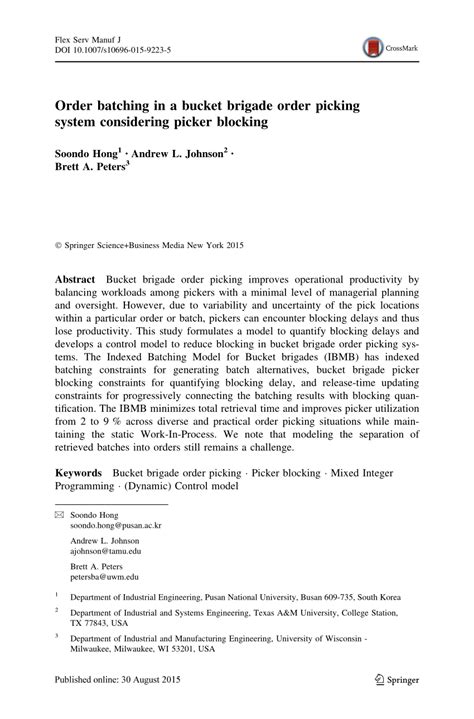 Pdf Order Batching In A Bucket Brigade Order Picking System Considering Picker Blocking