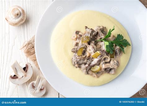 Beef Stroganoff Out Of Marbled Beef With Mashed Potatoes Stock Image