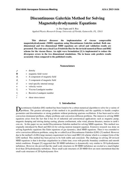 Pdf Discontinuous Galerkin Method For Solving Magnetohydrodynamic Equations