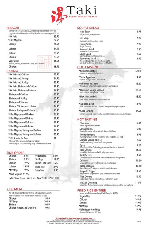 Dinner Menu Taki Japanese Sushi And Hibachi Restaurant