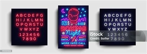 권투 포스터 네온 벡터입니다 권투 밤 디자인 서식 파일 밝은 네온 브로셔 현대 동향 디자인 가벼운 배너 인쇄 술 초대는 복싱 경기 엽서 벡터입니다 편집 텍스트 네온 사인