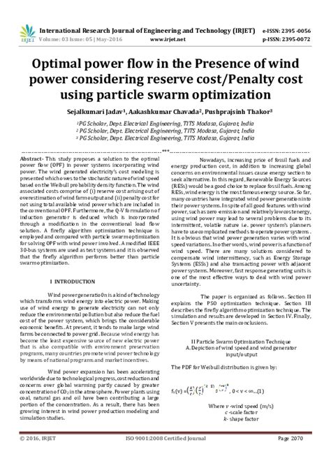 pdf optimal power flow in the presence of wind power considering reserve cost penalty cost