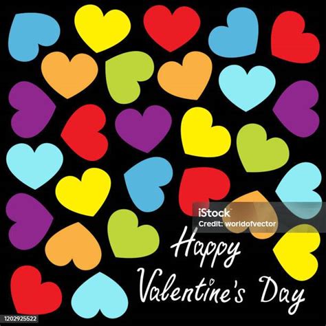 레인보우 컬러 하트 세트 해피 발렌타인 데이 기호입니다 귀여운 그래픽 개체입니다 플랫 디자인 스타일 사랑은 사랑입니다 인사말 카드 격리 검은 색 배경입니다 Lgbtqia