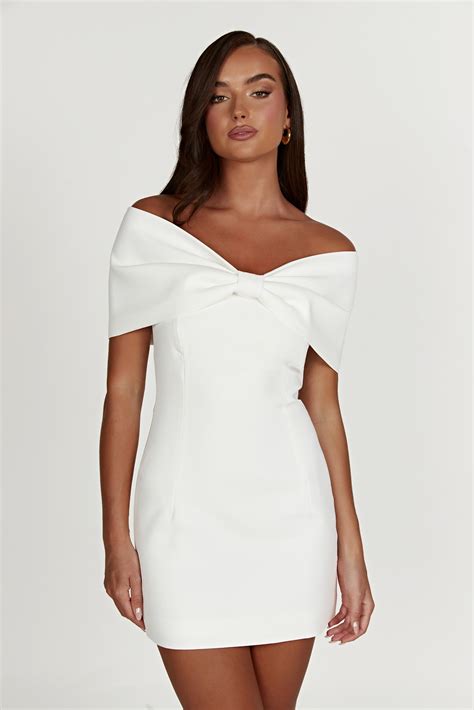 Gwyneth Off Shoulder Bow Mini Dress White Meshki