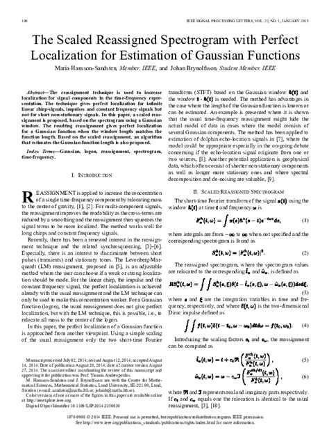 Pdf The Scaled Reassigned Spectrogram With Perfect Localization For Estimation Of Gaussian