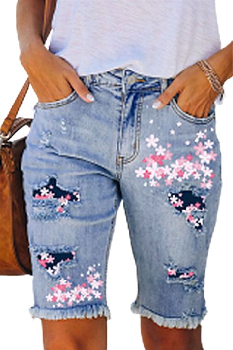 Blibea Bermuda Jean Shorts For Women Mid Rise Ripped Patchwork Denim