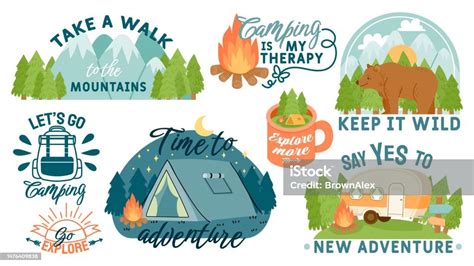 캠핑 하이킹 및 야외 모험 동기 부여 따옴표와 요소 산 숲 텐트 및 캠프 파이어 벡터 세트와 여행 슬로건 텐트에 대한 스톡 벡터 아트 및 기타 이미지 Istock