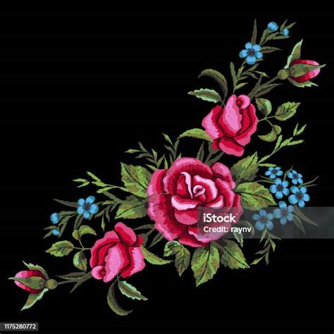 검은 배경에 빨간 장미와 파란색 꽃 자수 티셔츠 디자인 인사말 카드 요소 트렌드 플로럴 디자인 새로운 스티치 모방 벡터 0명에 대한 스톡 벡터 아트 및 기타 이미지 Istock