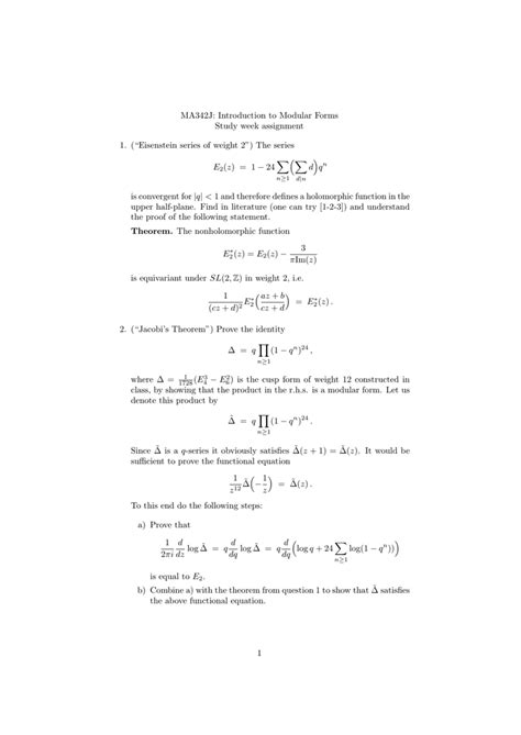 Ma342j Introduction To Modular Forms Study Week Assignment