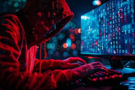 Illustration Of Hacker In The Dark Wearing A Red Hoodie Typing On A Keyboard With A Digital Code