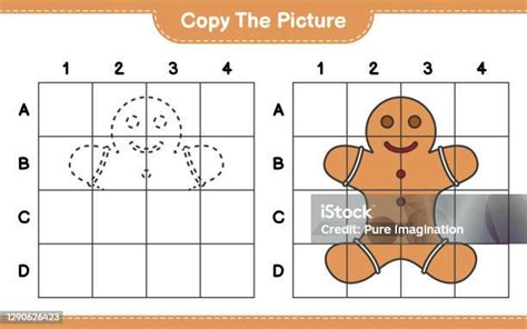 그림을 복사 그리드 라인을 사용하여 진저 브레드 남자의 사진을 복사합니다 교육 어린이 게임 인쇄 워크 시트 벡터 일러스트레이션 0명에 대한 스톡 벡터 아트 및 기타 이미지