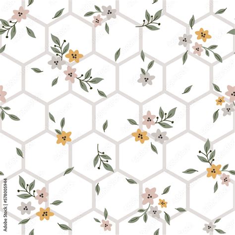 Honeycomb Seamless Pattern With Doodle Flowers Design For Textile Decoration Cards Paper
