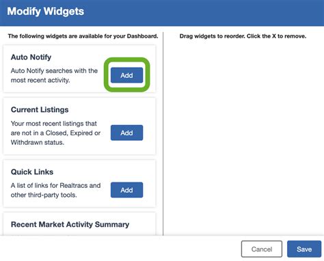 Settings Dashboard Widgets