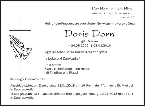 Traueranzeigen Von Doris Dorn Schwaebische De Trauerportal