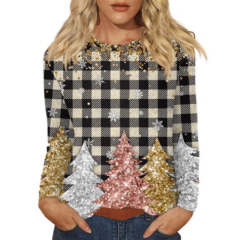 Womens Christmas Shirts Xmas Snowflake Print Tshirts Crew Neck Christmas Tree Graphic Blouse