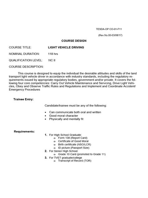 Driving Nc Ii Cbc Pdf Occupational Safety And Health Risk