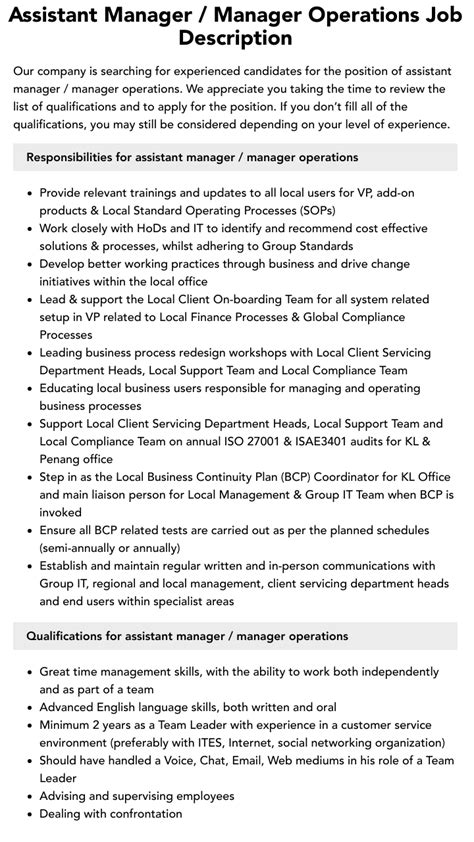 Assistant Manager Manager Operations Job Description Velvet Jobs
