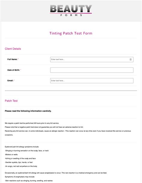 Eyelash Tinting Patch Test Form Online Form Templates PDFs