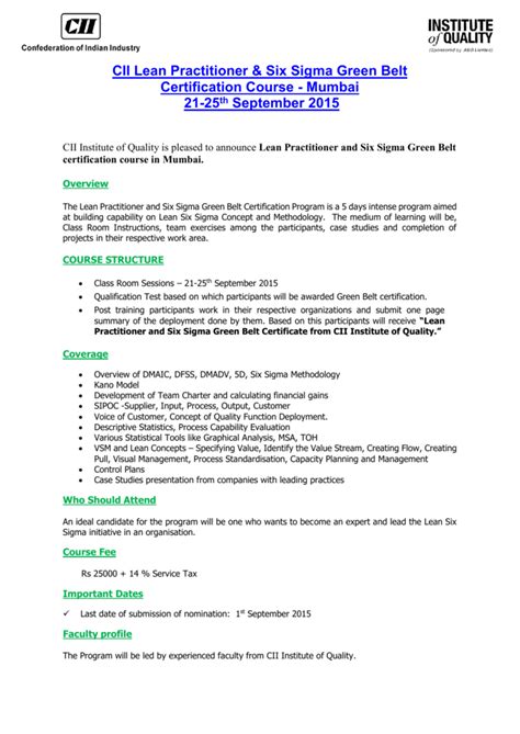Cii Lean Practitioner And Six Sigma Green Belt Certification Cii Iq