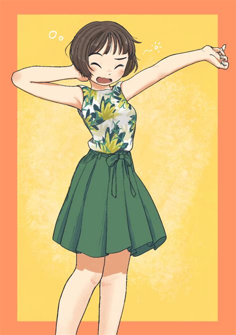 Safebooru 1girl Arai Summer9 Border Brown Hair Closed Eyes Commentary