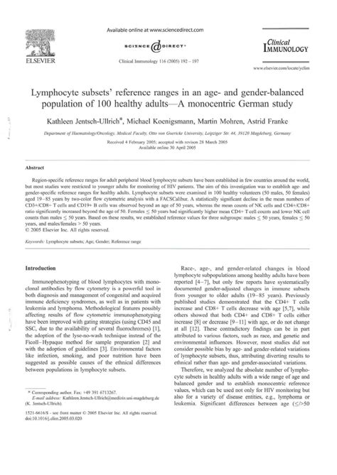 Pdf Lymphocyte Subsets Reference Ranges In An Age And Gender Balanced Population Of 100